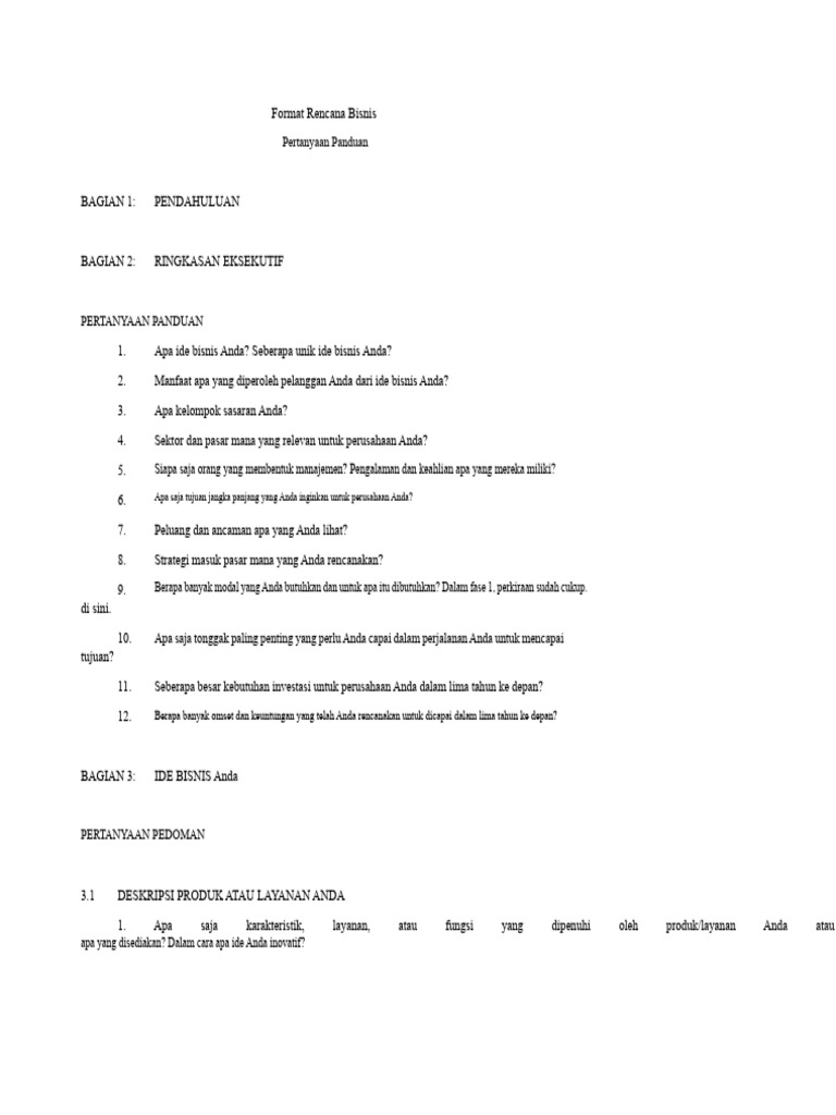 Pertanyaan Panduan Rencana Bisnis | PDF