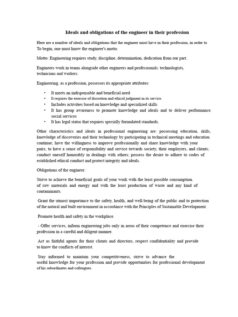 Ideals and Obligations of The Engineer in Their Profession | PDF ...