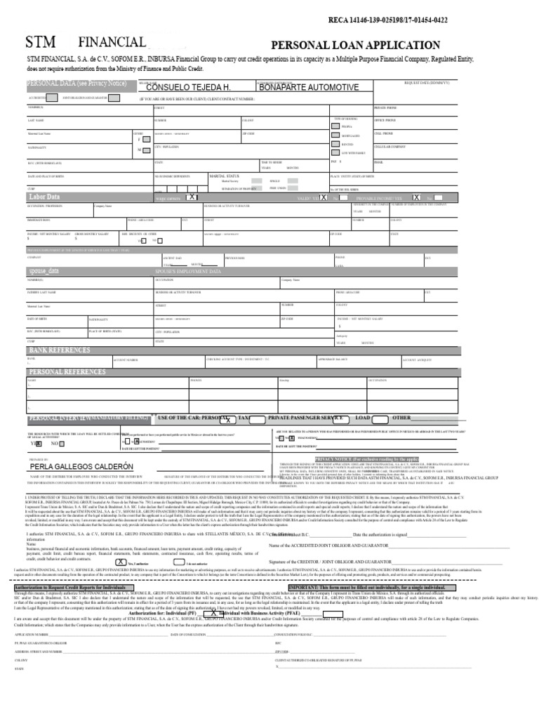 STM Financial - Credit Application For Individuals | PDF | Identity Document | Insurance