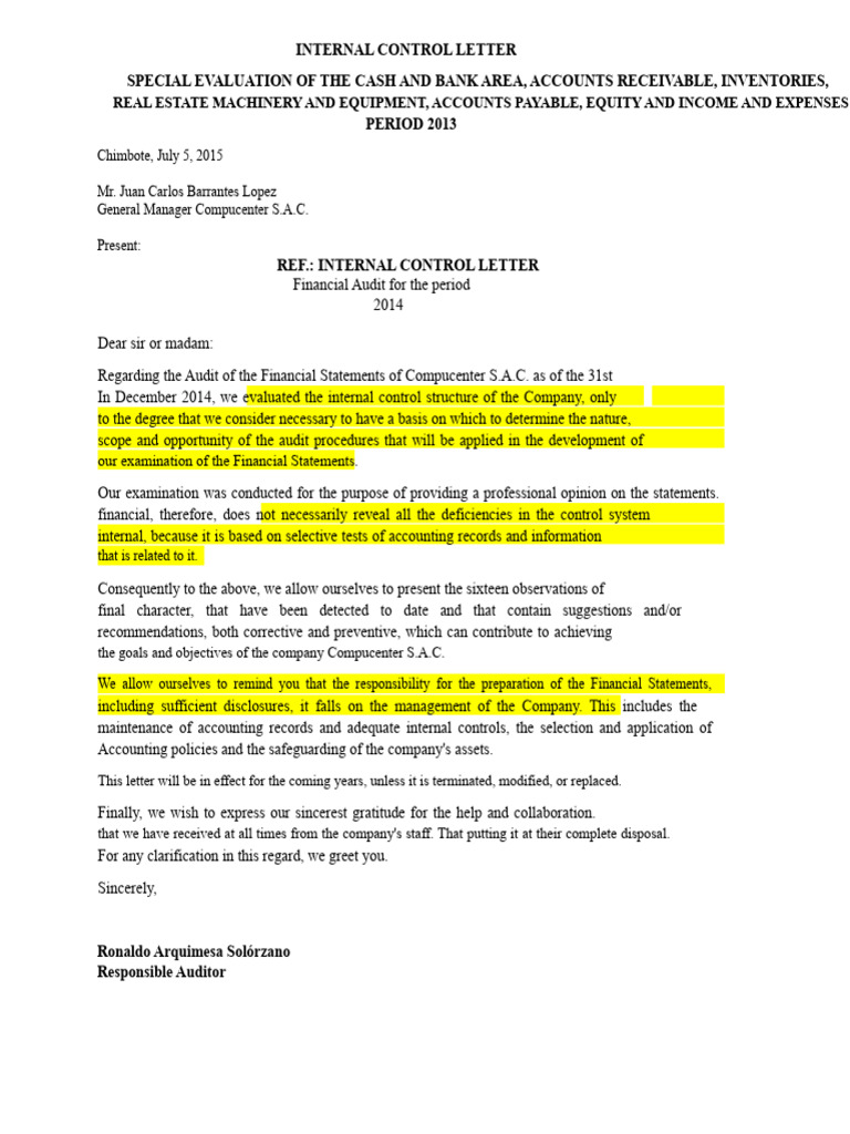 Letter of Internal Control | PDF | Internal Control | Audit