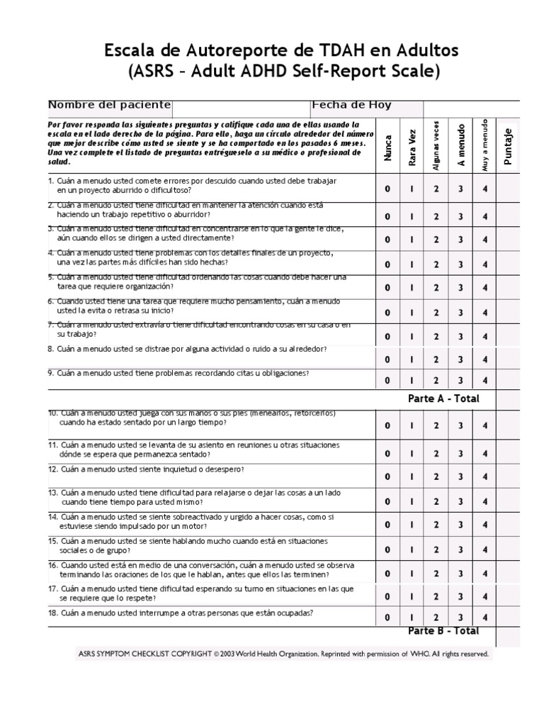 ASRS - Adult ADHD Self-Report Scale | PDF | Trastornos de atención ...
