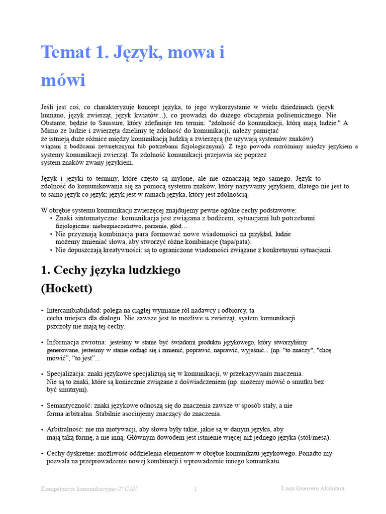 Temat 1. Język, Mowa I Mówienie | PDF