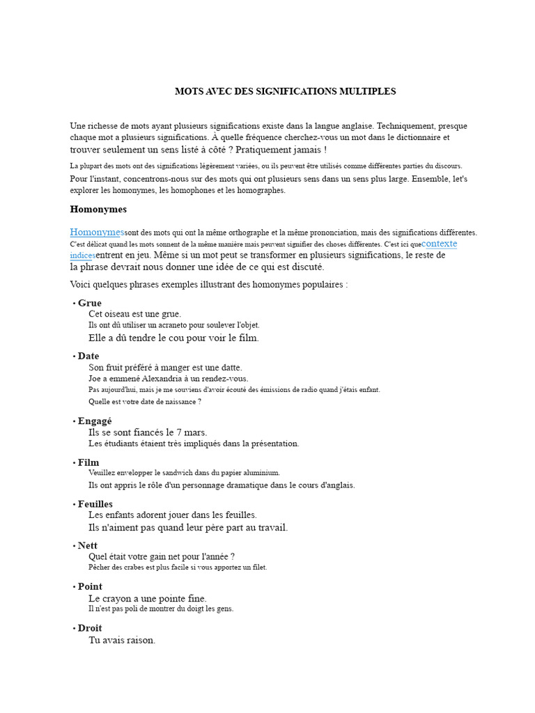 Mots à significations multiples | PDF | Orthographie | Linguistique