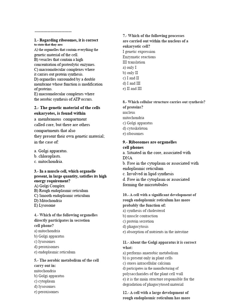 PSU Type Questions Cellular Organelles - 2019 | PDF | Cell (Biology ...