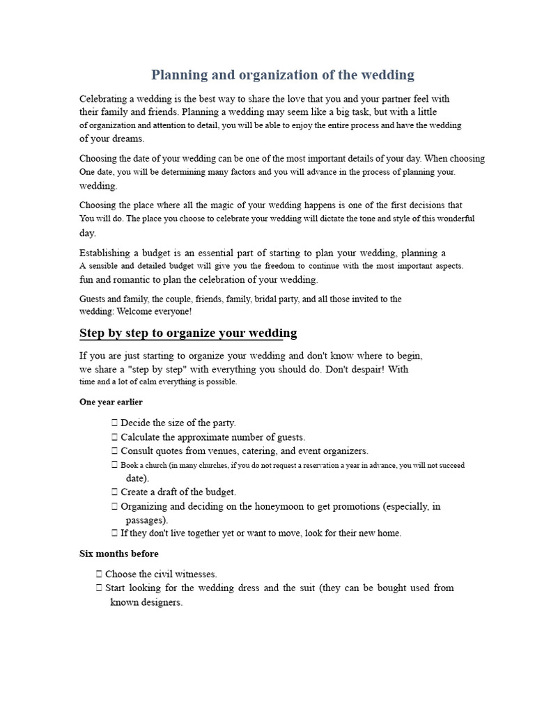 Planning and Organization of The Wedding | PDF | Wedding | Bride