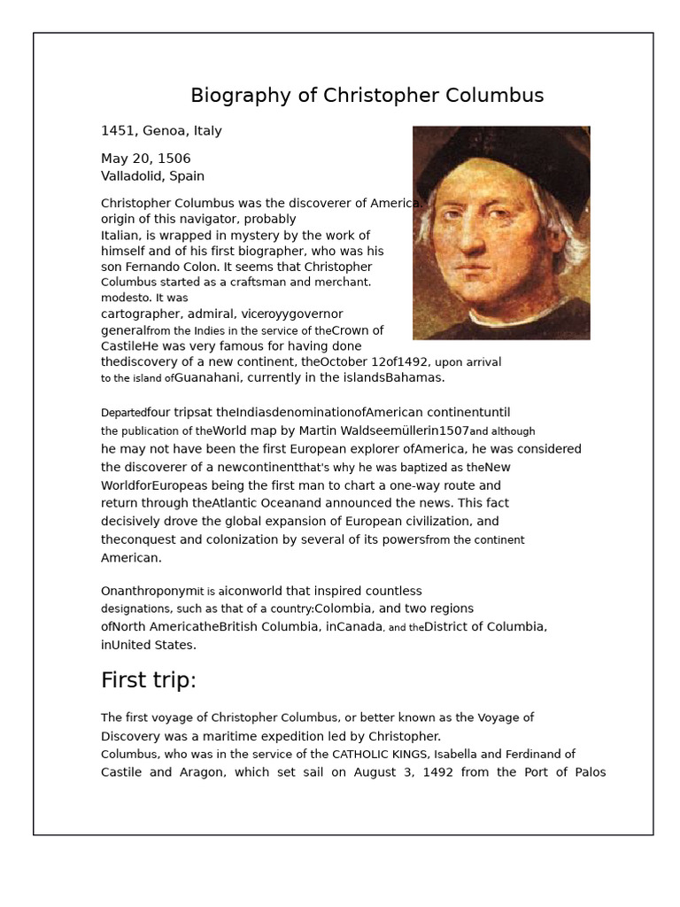 Biography of Christopher Columbus | PDF | Christopher Columbus ...