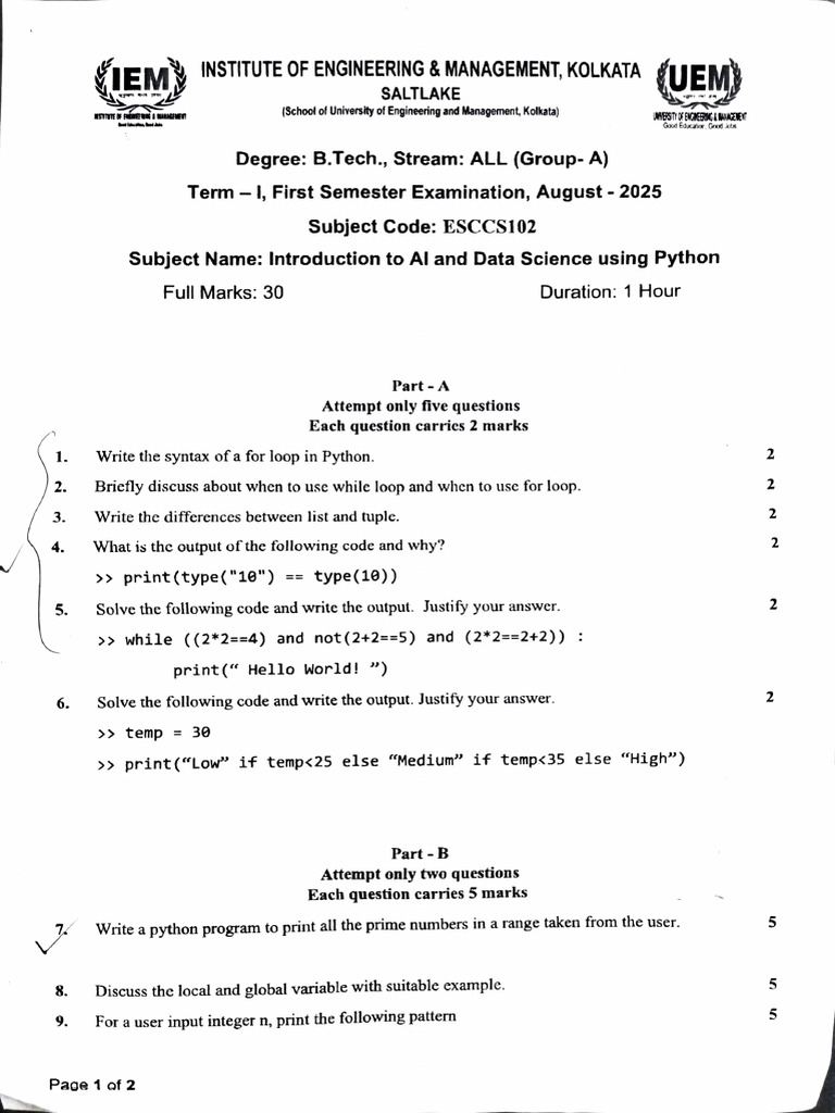 IEM Salt Lake Data Sc. With Python QP | PDF | Computer Programming ...
