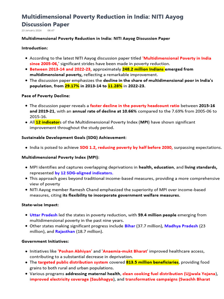 Multidimensional Poverty Reduction in India NITI Aayog Discussion Paper ...