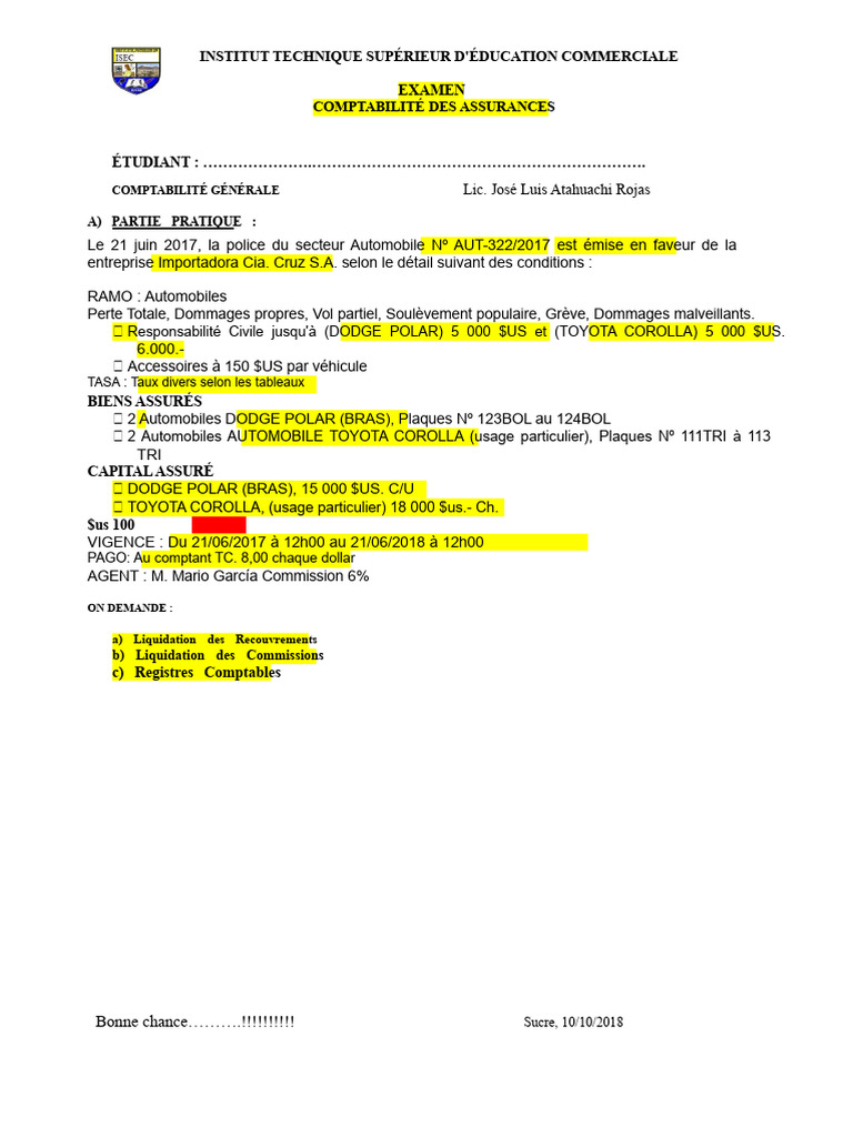 Examen de Comptabilité Des Assurances | PDF | Assurance | Véhicules