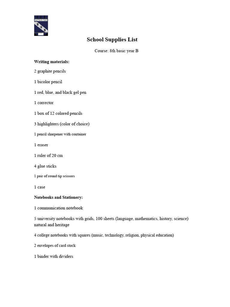 Eighth B - Basic School Supply List 2024 | PDF