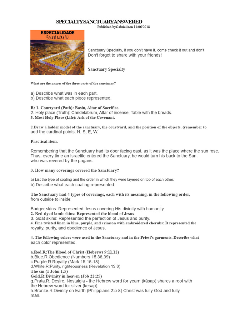 Sanctuary Specialty Explained: Key Elements | PDF | Tabernacle | Altar