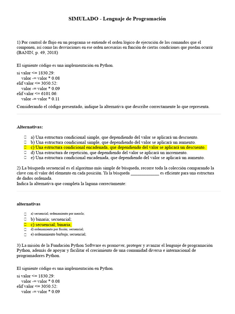 Respuestas SIMULADO Lenguaje de Programación - Python | PDF | Python ...