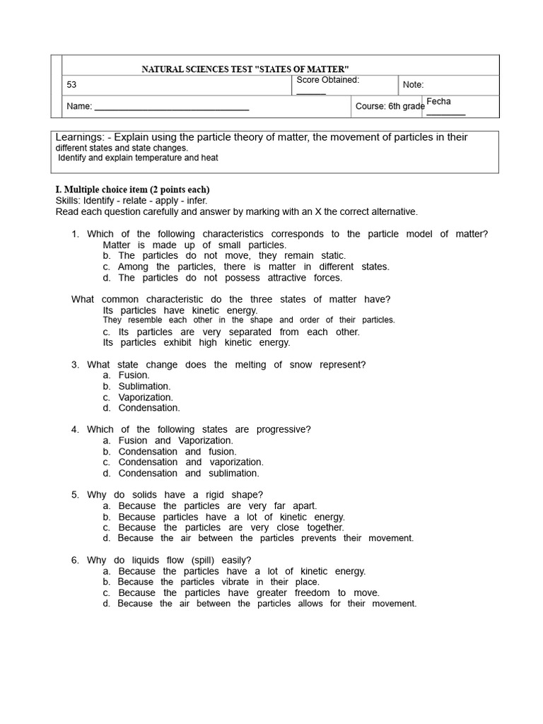 6th Grade States of Matter Test | PDF | Matter | Gases