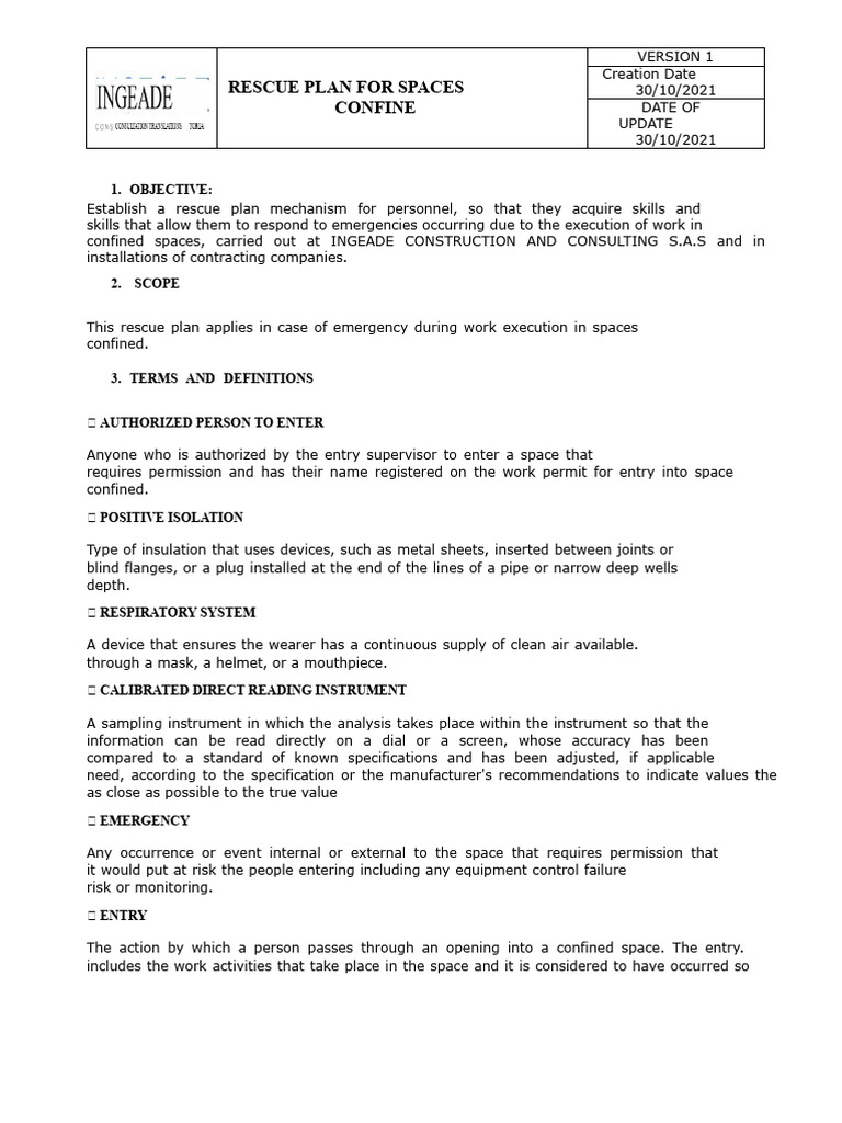 Confined Space Rescue Plan | PDF | Occupational Safety And Health | Safety