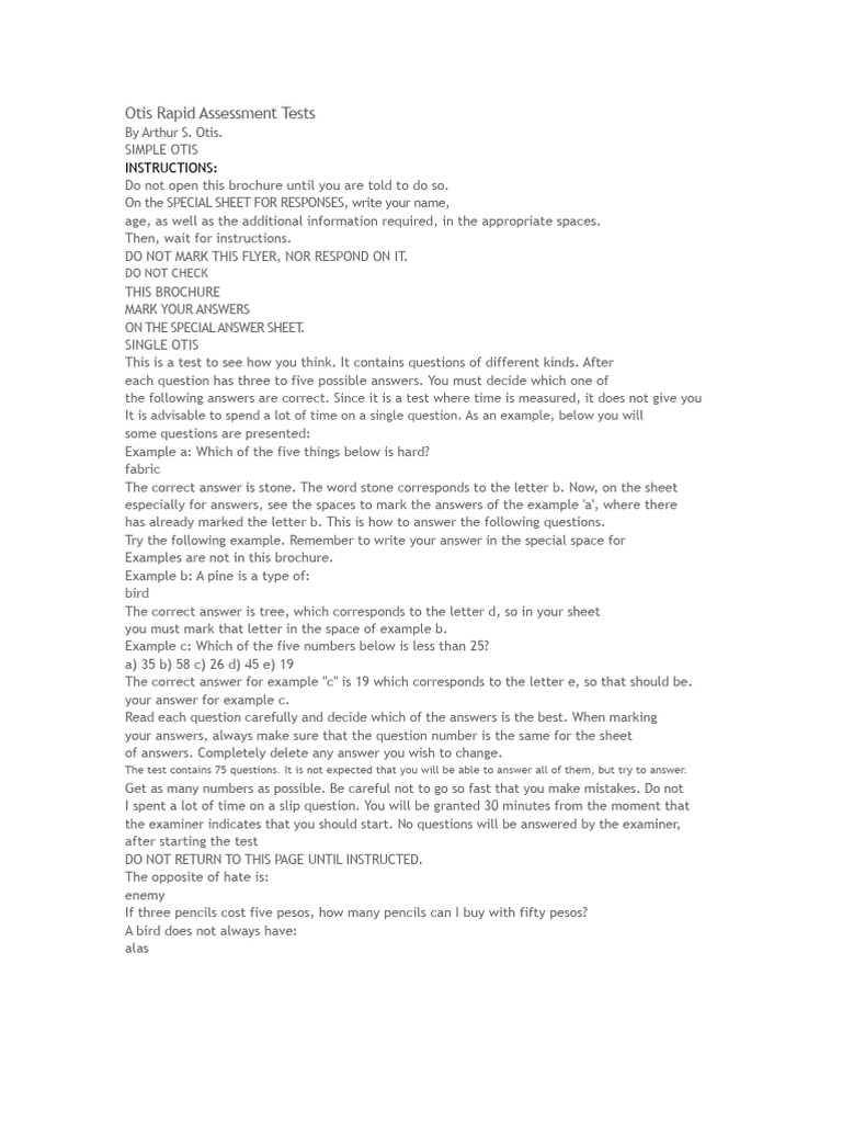 Otis Test: Questions and Instructions | PDF