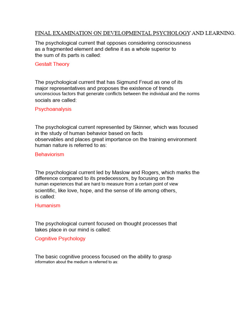 Final Exam Developmental Psychology and Learning | PDF | Psychology ...