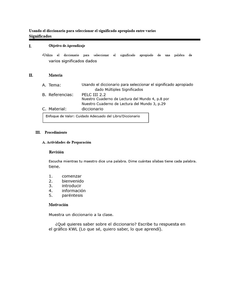 Grado 6 Lectura en Inglés Usando El Diccionario para Seleccionar El ...