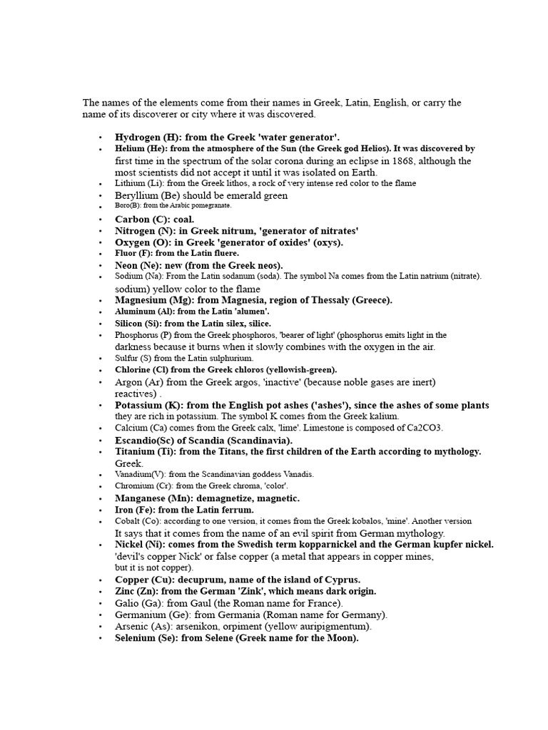 Elements and Their Names in Latin, English, and Greek | PDF | Sodium ...