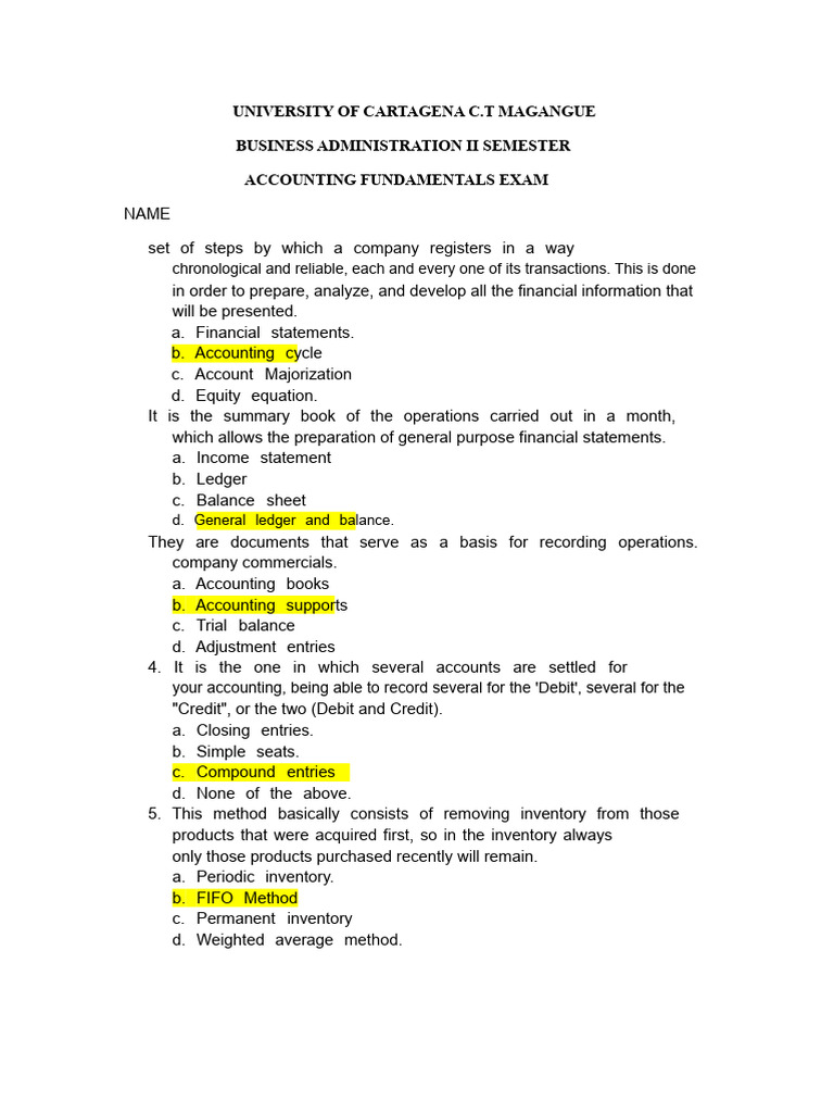 Final Exam of Fundamentals of Accounting 2023 | PDF | Debits And ...