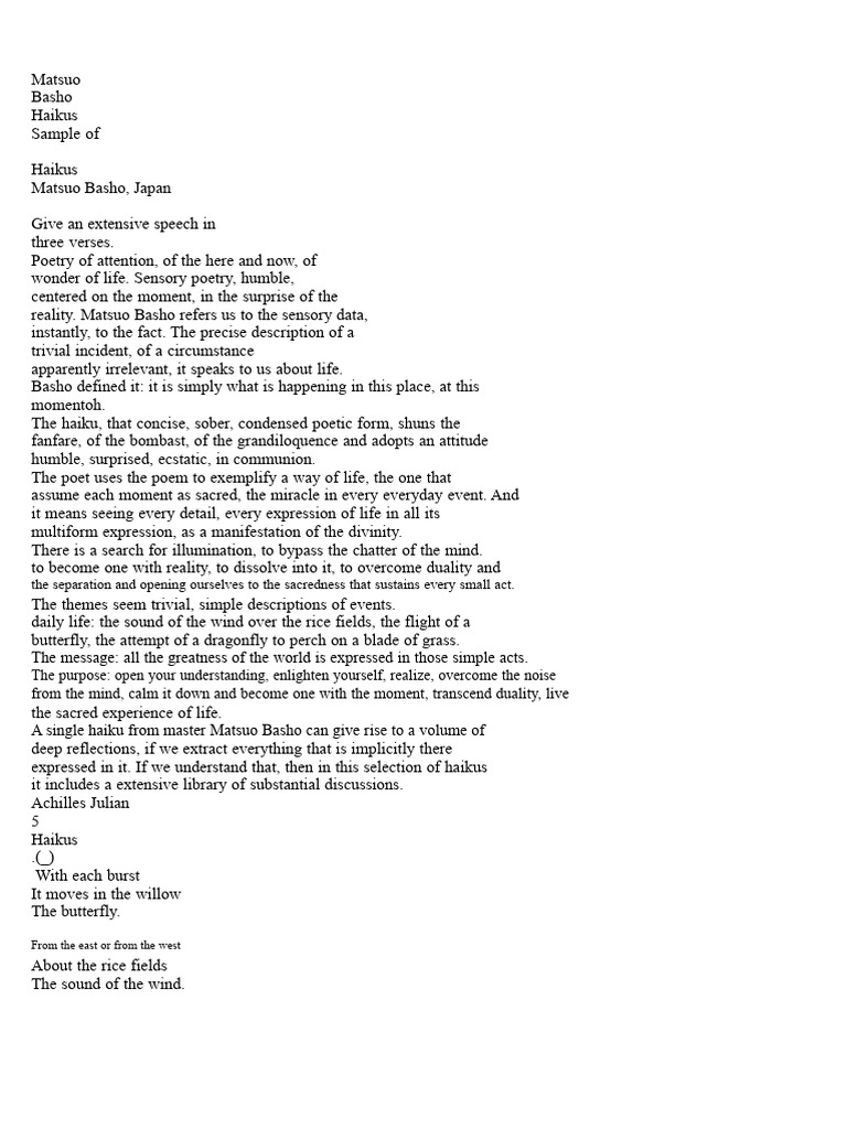 Matsuo Basho's Haikus: Nature's Essence | PDF | Haiku