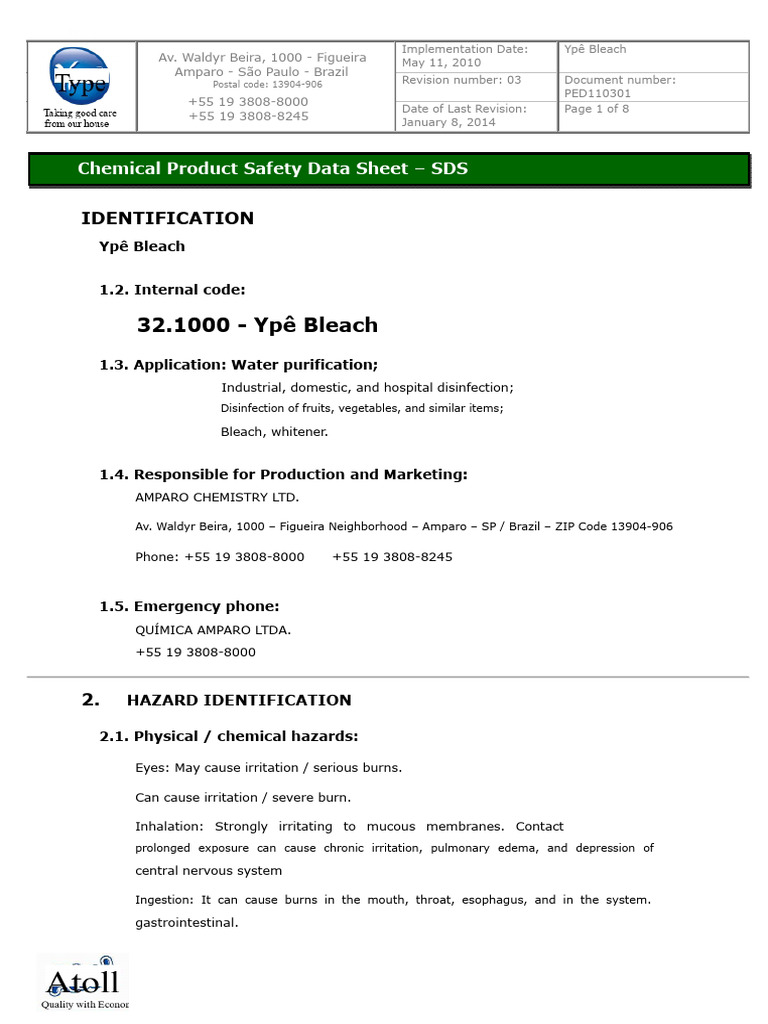 Ypê Bleach Safety Data Sheet (SDS) | PDF | Bleach | Chlorine