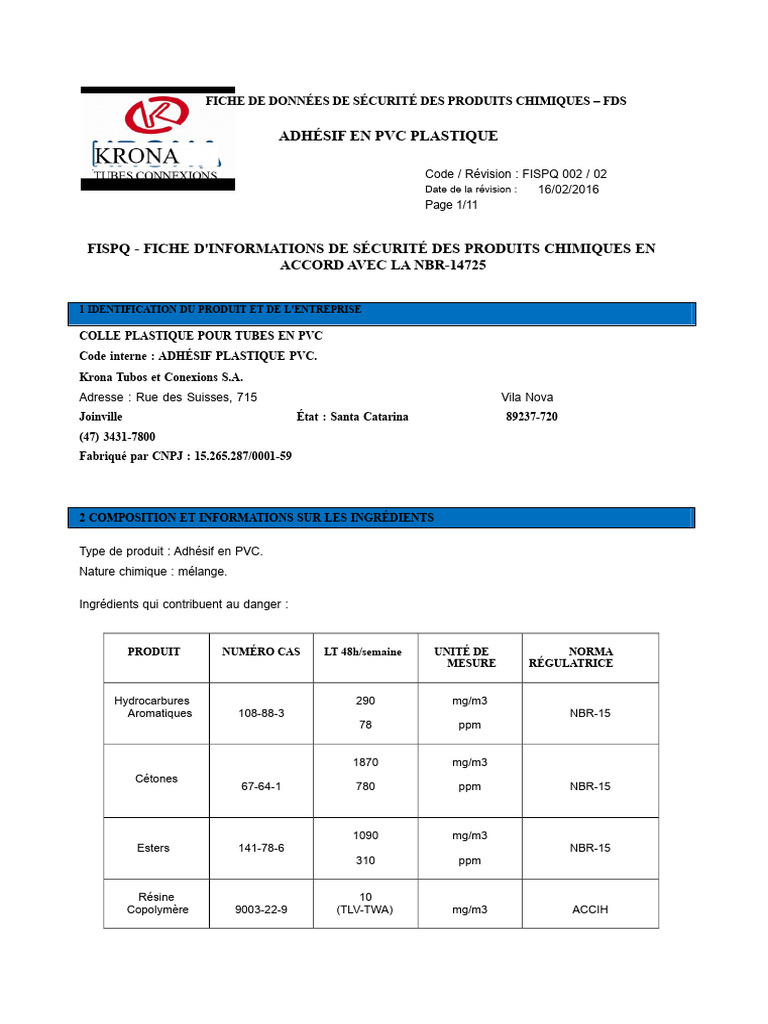 Fiche de sécurité : Adhésif PVC inflammable | PDF | La combustion | Déchets