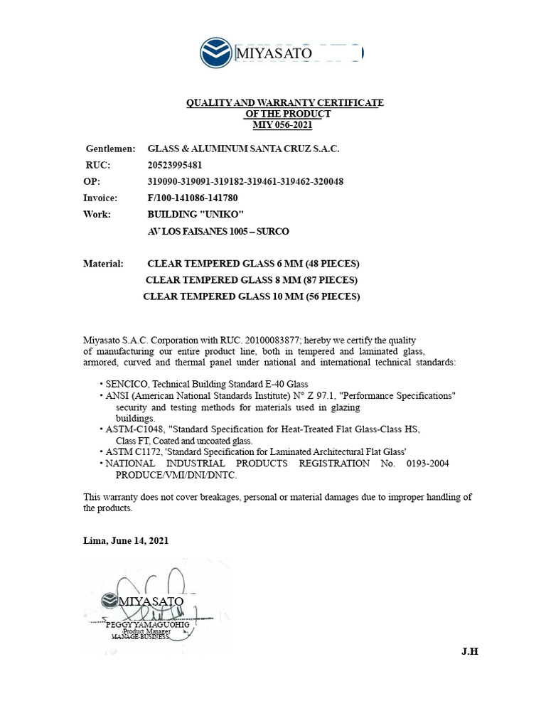 Glass Quality and Warranty Certificate | PDF