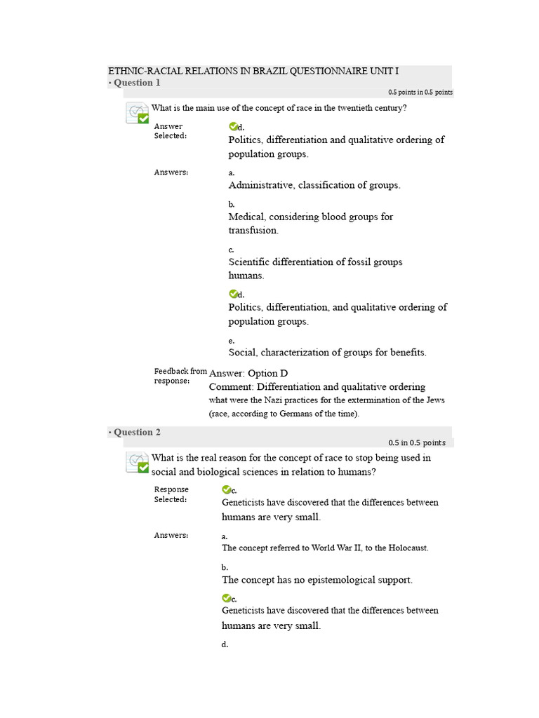 Questionnaire Unit I Ethnic-Racial Relations in Brazil | PDF | Gender ...