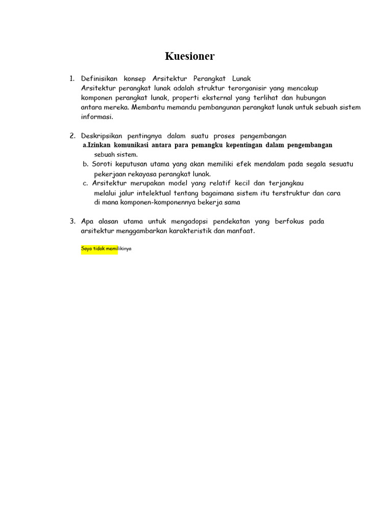 Kuesioner Arsitektur Perangkat Lunak | PDF