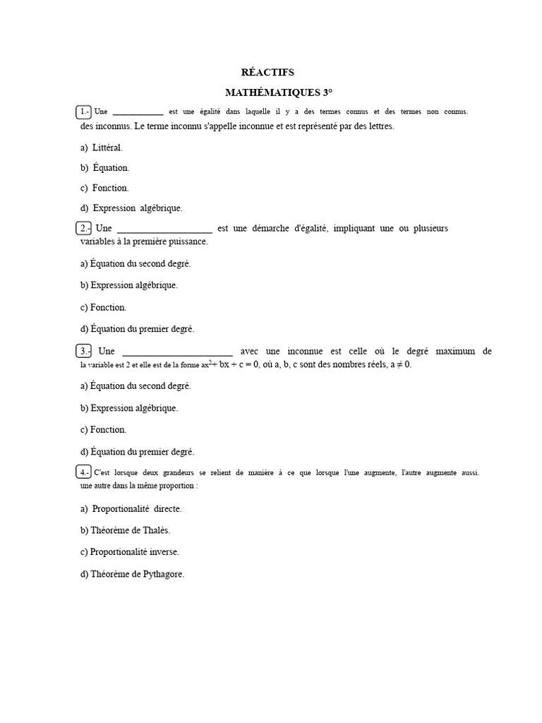 Questions de mathématiques pour 3ème | PDF | Équations | Algèbre