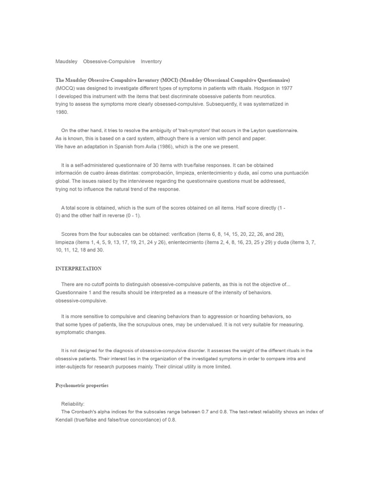 Maudsley Obsessive-Compulsive Inventory | PDF | Obsessive–Compulsive ...