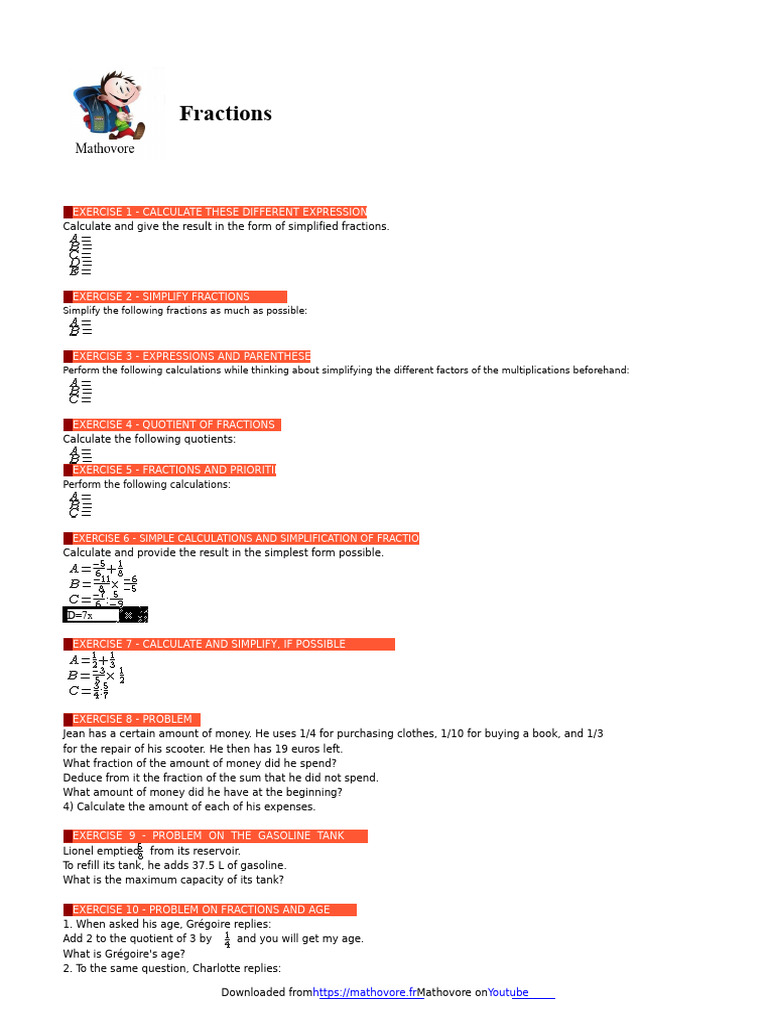 Math Exercises On Fractions For 8th Grade With Solutions in PDF | PDF ...