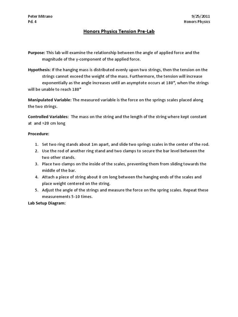 Honors Physics Tension Lab | PDF | Tension (Physics) | Force