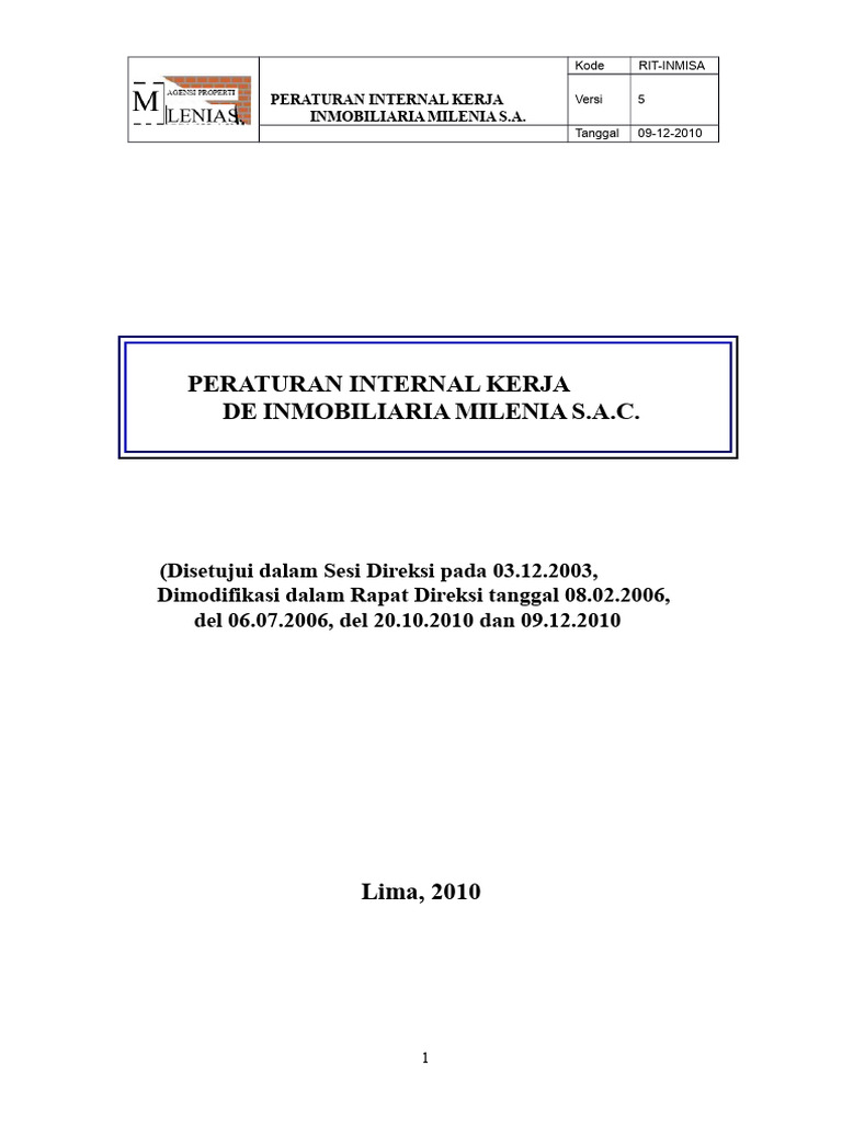 Rencana Peraturan Internal Kerja - Perusahaan Properti | PDF