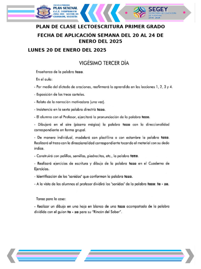 Plan de Clase Lectoescritura Primer Grado Del 20 Al 24 de Enero | PDF