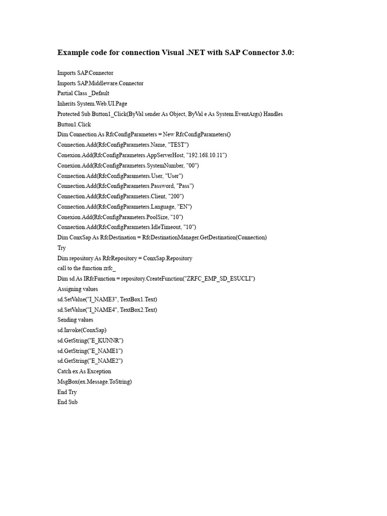 Example Code Connection .NET With SAP | PDF