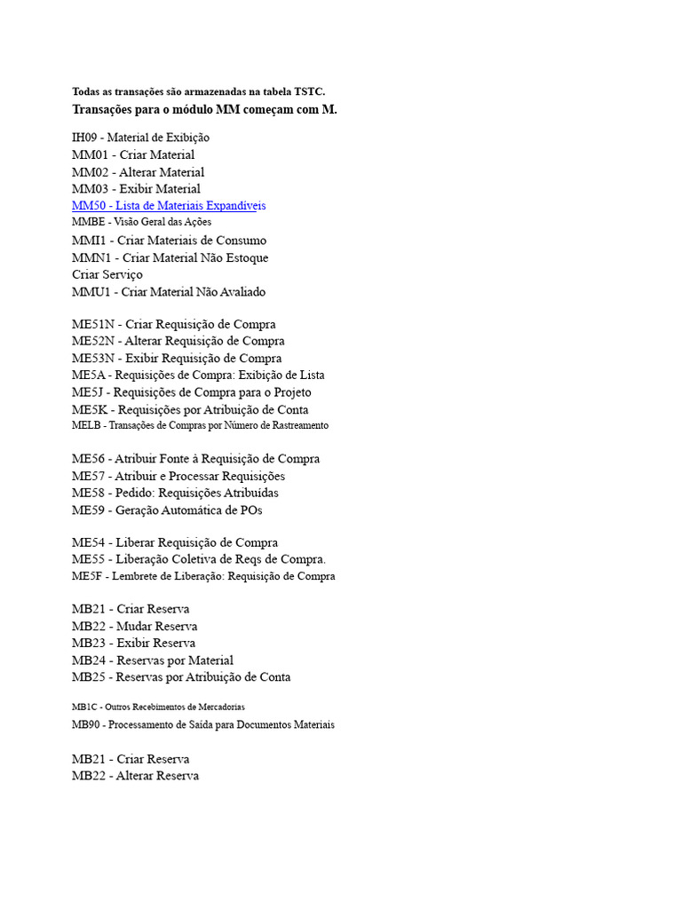 Código Tcode Do SAP MM | PDF | Inventário
