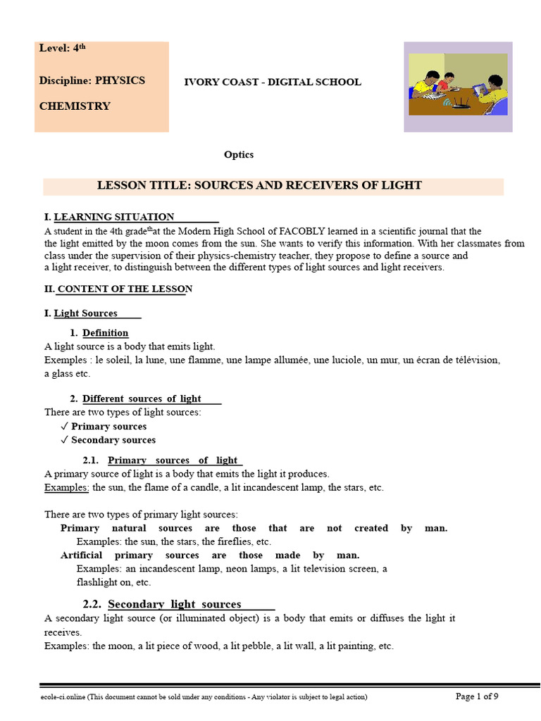 PC 4th Grade - L1 - Source and Receiver of Light Final | PDF | Light ...