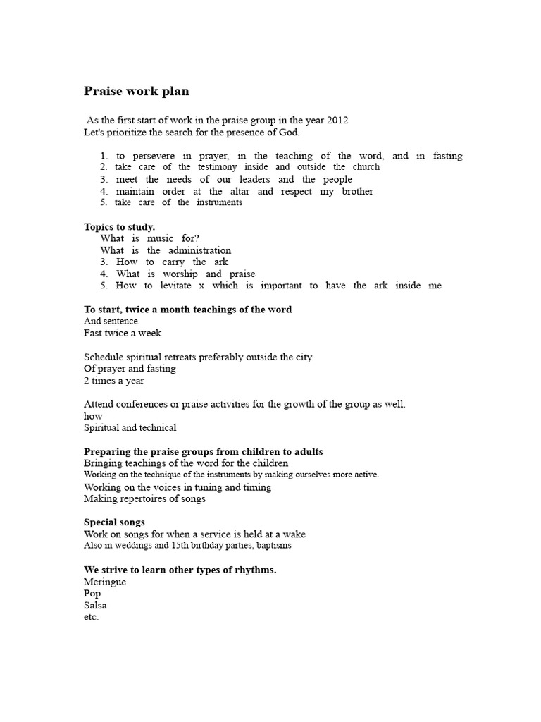 Praise Work Plan | PDF