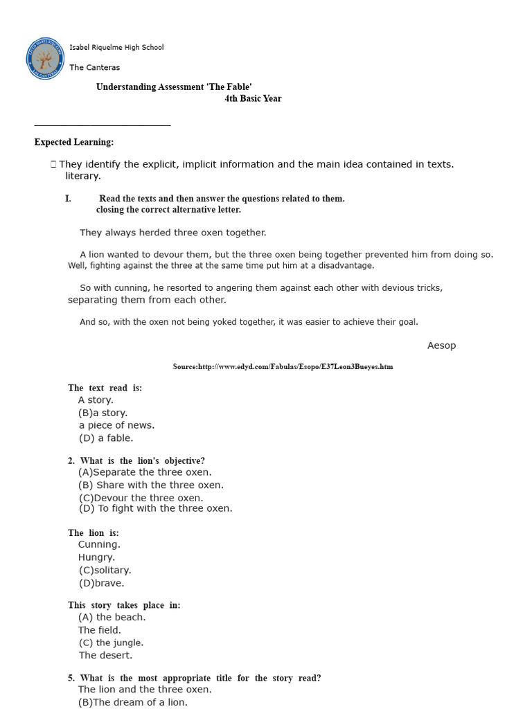 Fables and Assessment for 4th Year Students | PDF