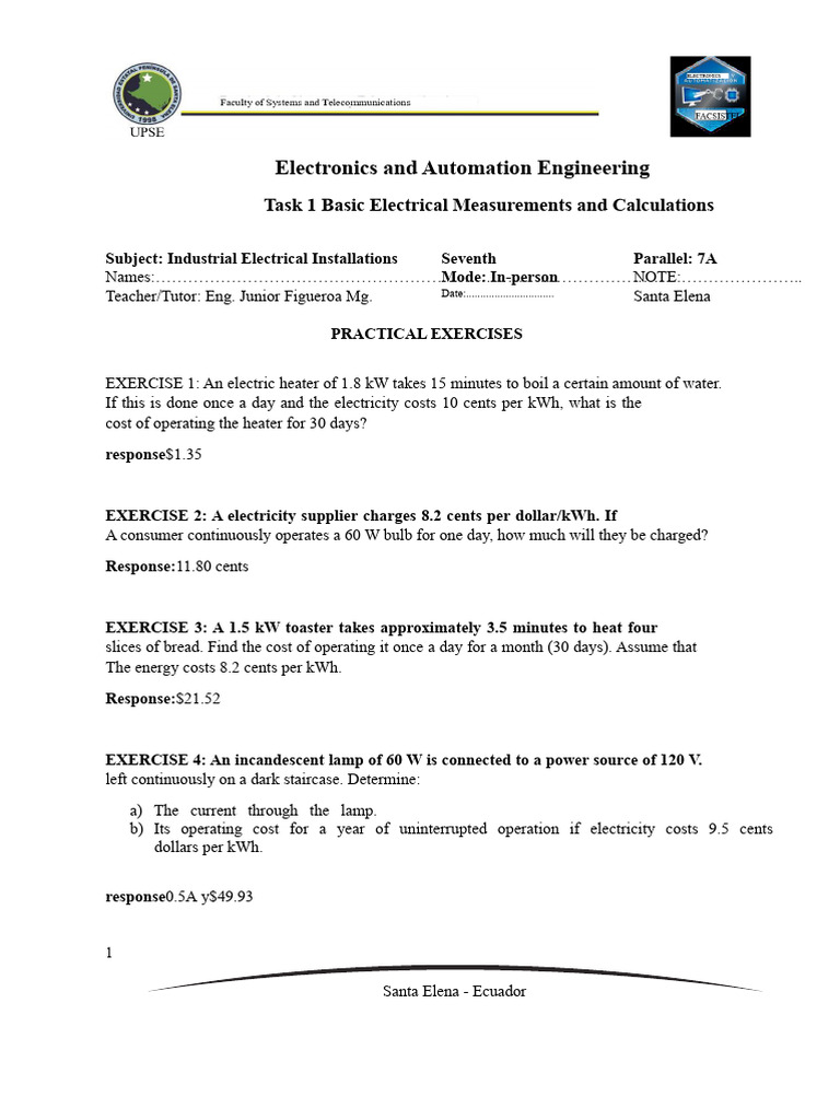 Task 1 Electrical Measurements and Calculations | PDF | Electrical ...