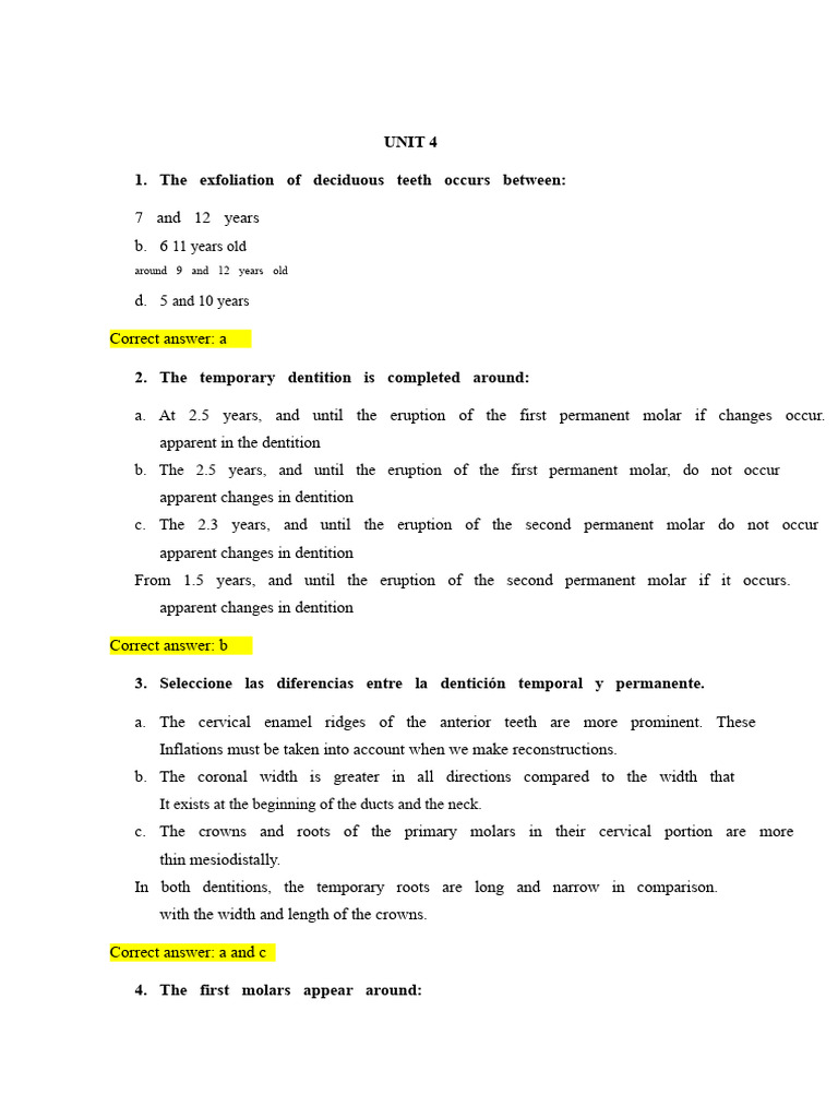 Unit 4 Questionnaire (Completed) | PDF | Dental Anatomy | Tooth