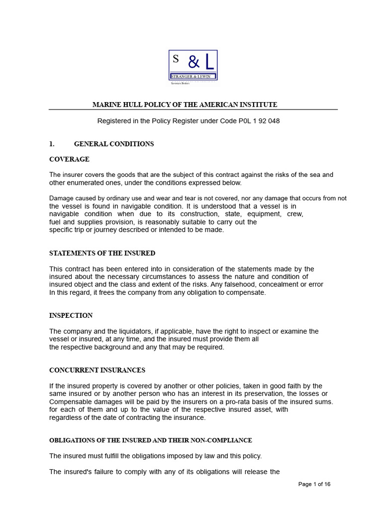 Maritime Hull Policy of The American Institute | PDF | Insurance ...