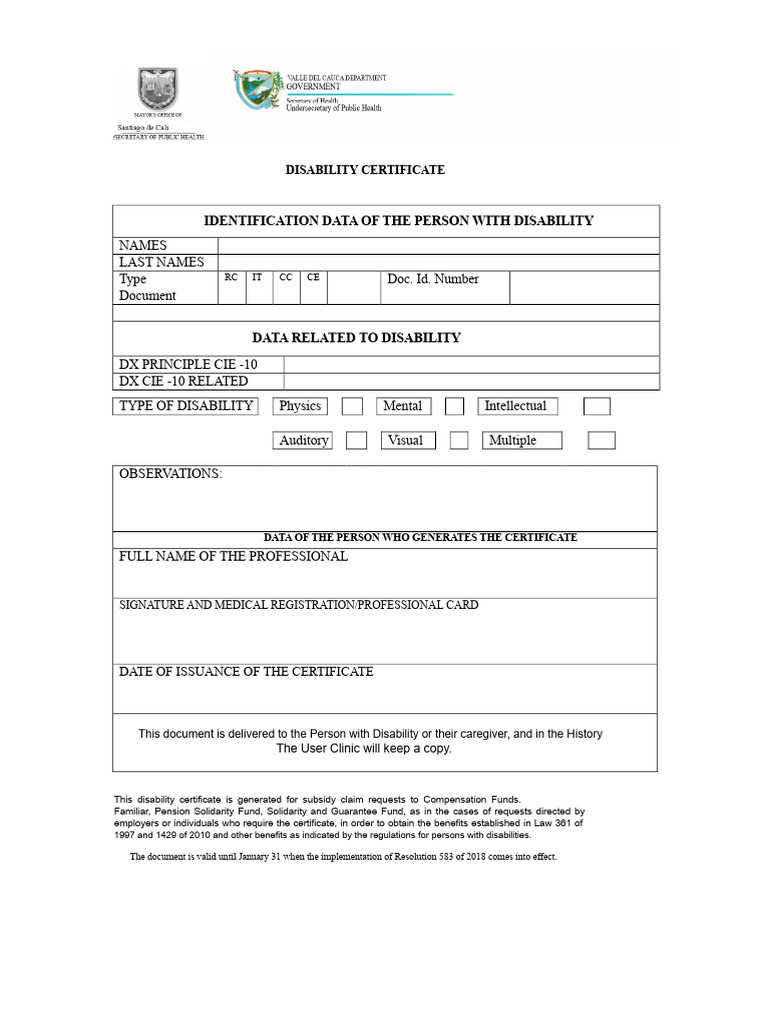 Disability Certification Format Valle Del Cauca | PDF | Disability ...
