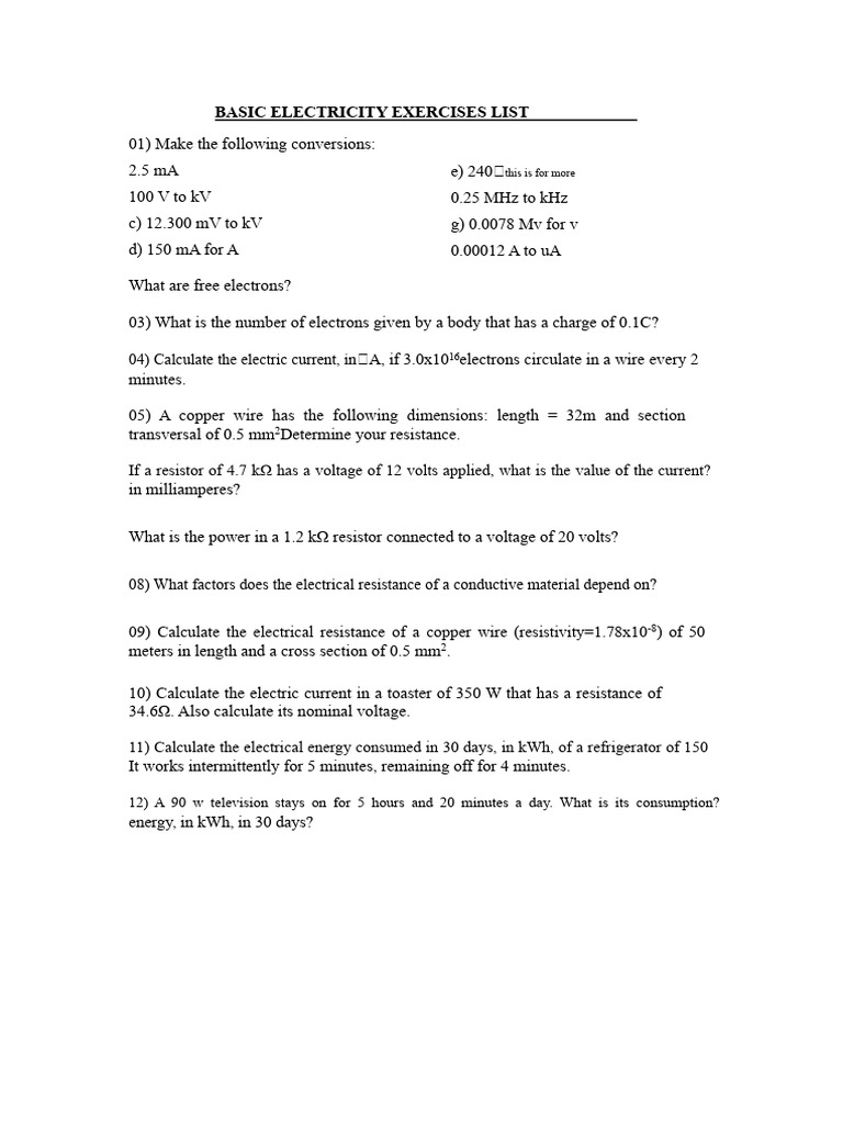 Basic Electricity Exercises and Calculations | PDF