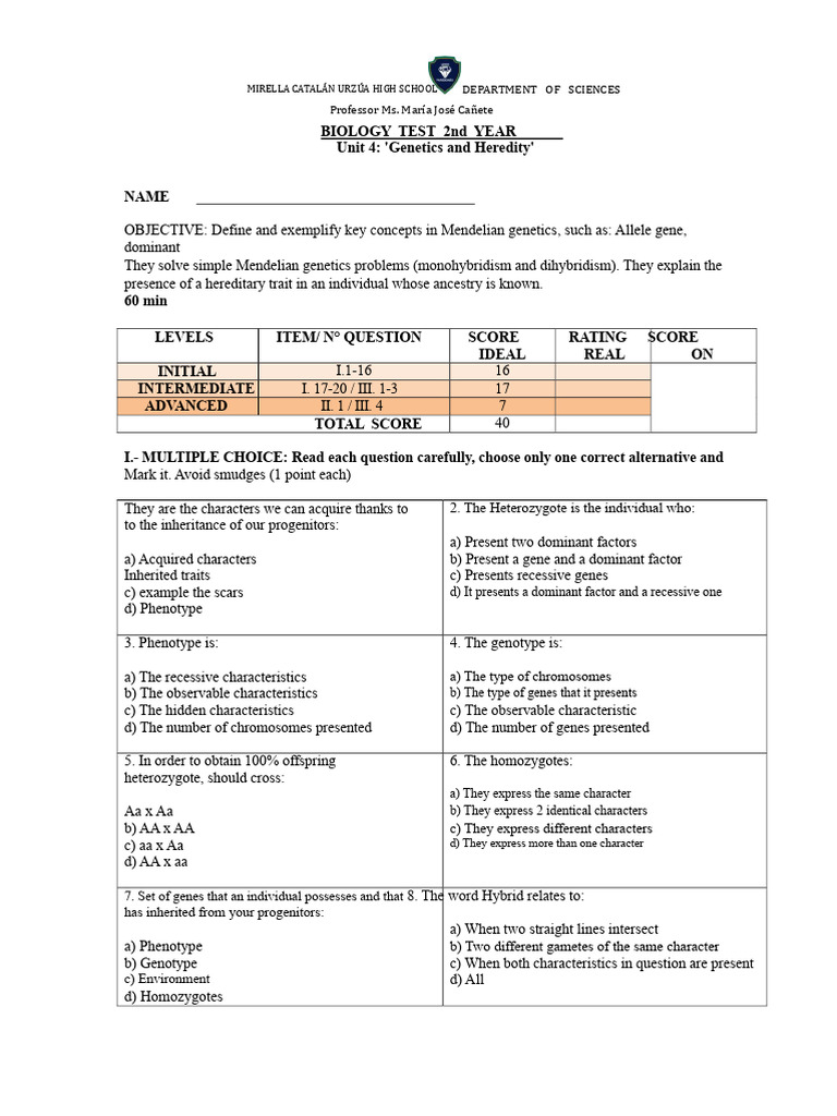 TEST 2M Genetics and Heredity Biology | PDF | Dominance (Genetics ...
