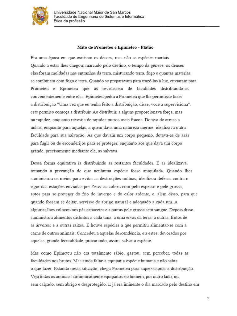 Mito de Prometeu e Epimeteu - Platão | PDF | Prometeu | Atena