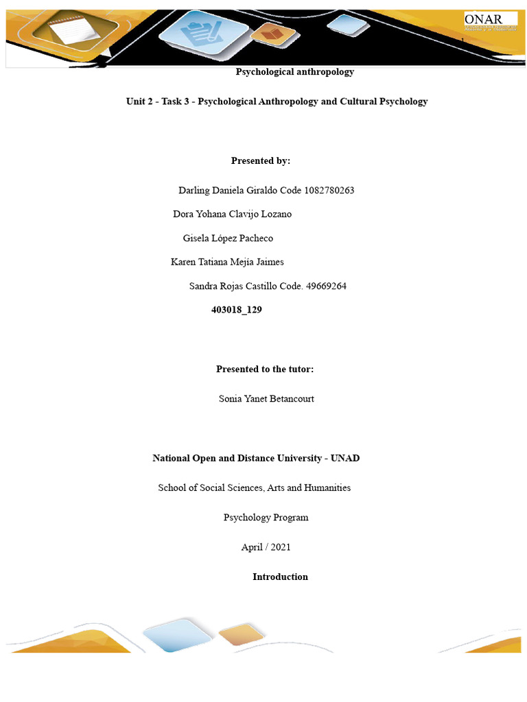 Unit 2 - Task 3 - Psychological Anthropology and Cultural Psychology ...