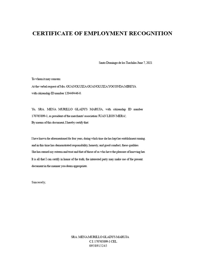 Certificate of Labor Recognition | PDF