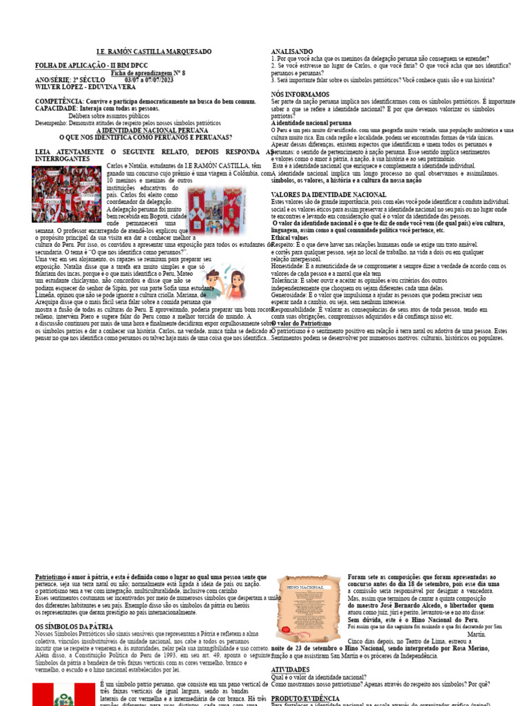 Ficha #8 DPCC 2º Ano Identidade Nacional | PDF | Peru | Patriotismo